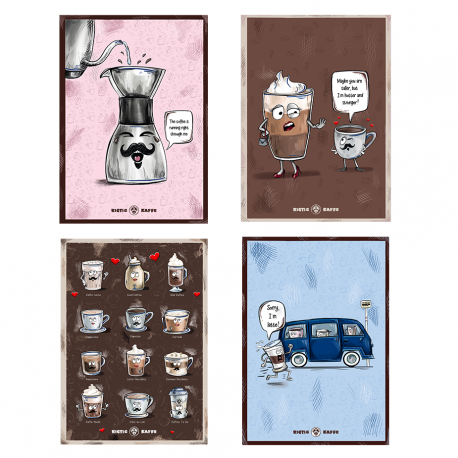 Kaffeplakat Rigtig Kaffe 4 Plakater 21x30cm